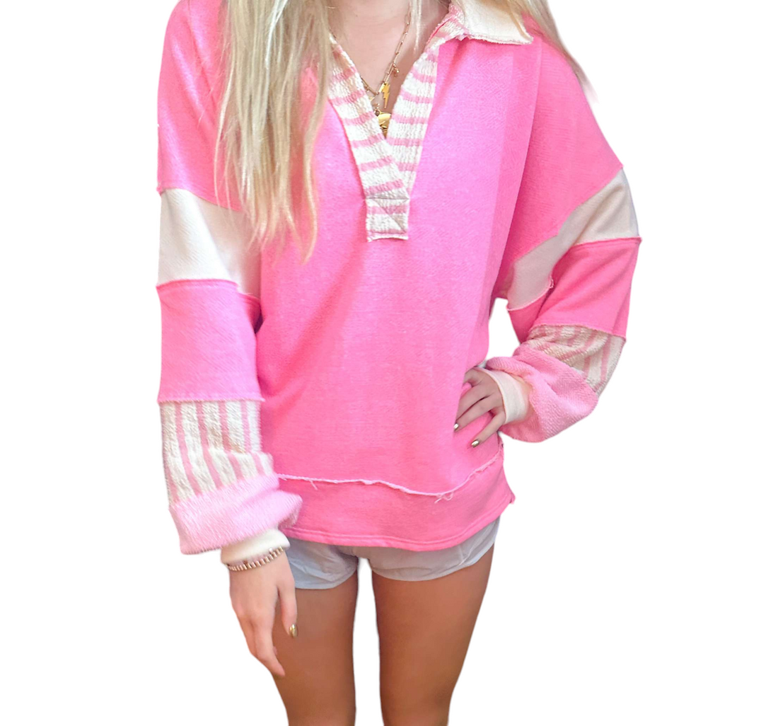 Vibrant Neon Pink Color-Block Collared Top – Preppy Palette Boutique